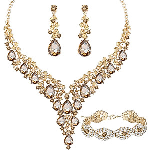 Paxuan Wedding Bridal Bridesmaid Austrian Crystal Rhinestone Jewelry Sets Statement Choker Necklace Earrings Bracelets Sets for Wedding Party Prom (Necklace + Earring + Bracelet (Champagne))