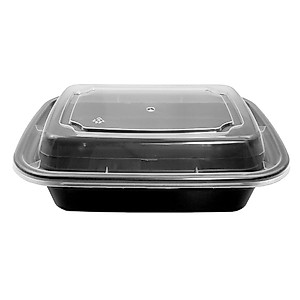 PACTOGO 12 oz. Rectangular Microwaveable Black Plastic Disposable Food Storage Container with Lids - BPA Free (Pack of 25 Sets)