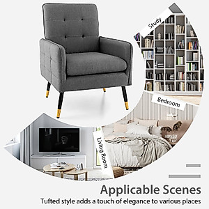 Giantex Modern Mid-Century Accent Chair - Upholstered Armchair with Tufted Back, Metal Legs, Adjustable Foot Pads, Linen Fabric Single Sofa Chair for Reading, Living Room Chair for Bedroom, Grey