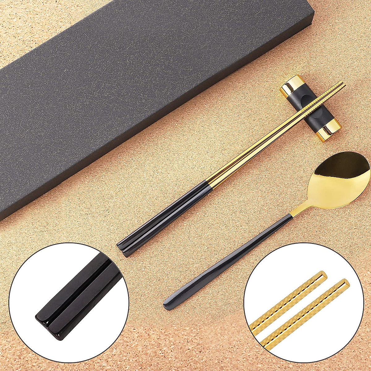 Stainless Steel Chopsticks Spoons and Chopsticks Holders, Flatware Gift Set (Black Golden)