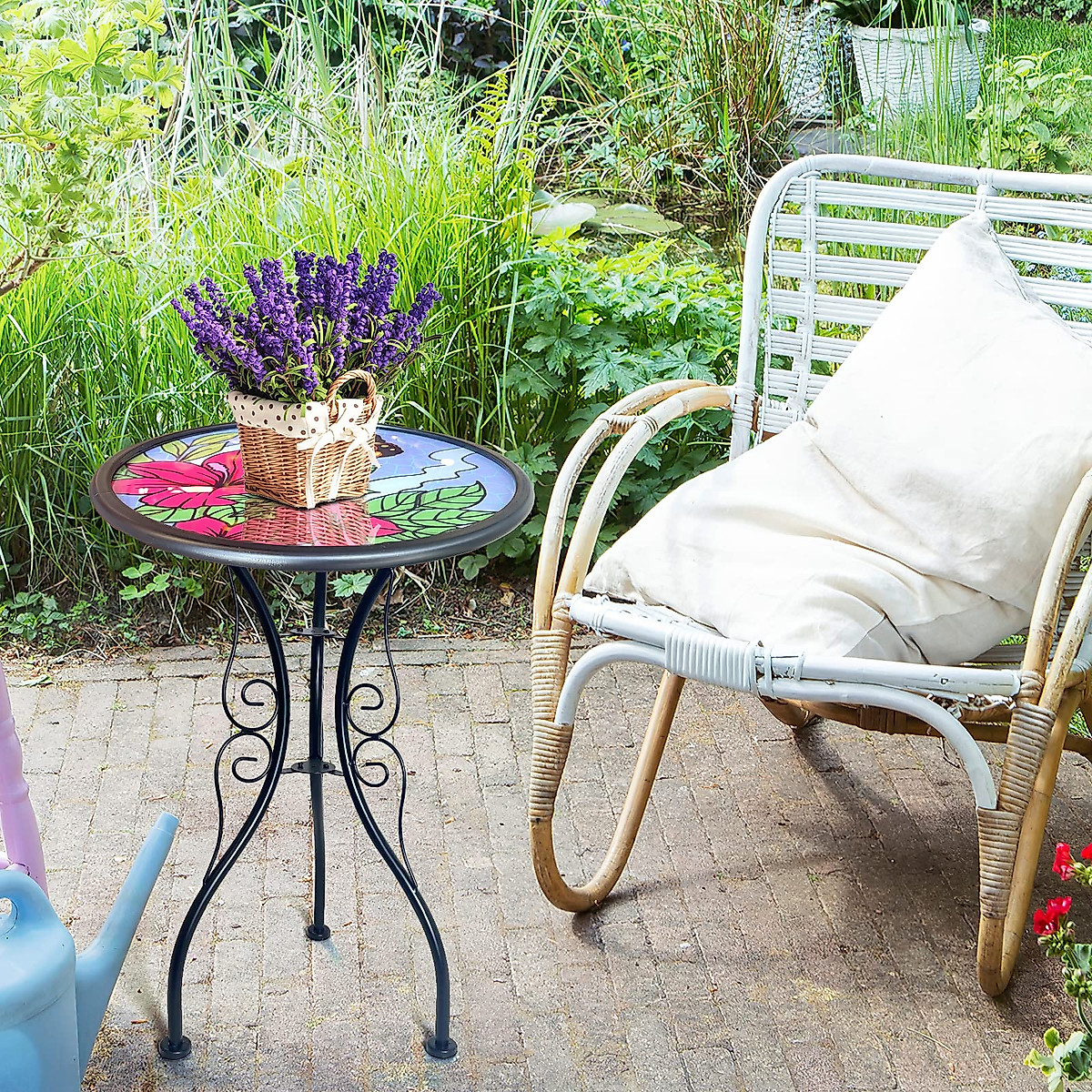HONGLAND Outdoor Side Table Accent Round Painted Glass Desk for Garden,Patio, Dining Room 14 Inches(Butterfly)