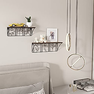 QUTREY Plant Wall Art Floating Shelves Set of 2, Minimalist Metal Abstract Decor Rustic Wooden Shelf for Living Room, Bedroom, Bathroom