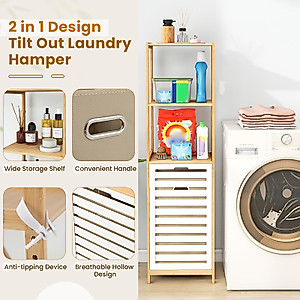 GOFLAME Tilt Out Laundry Hamper with 3-Tier Storage Shelves, 51” Tall Bathroom Storage Shelf with Removable Basket, Bamboo Laundry Basket Organizer for Bathroom, Laundry Room, Bedroom, Natural