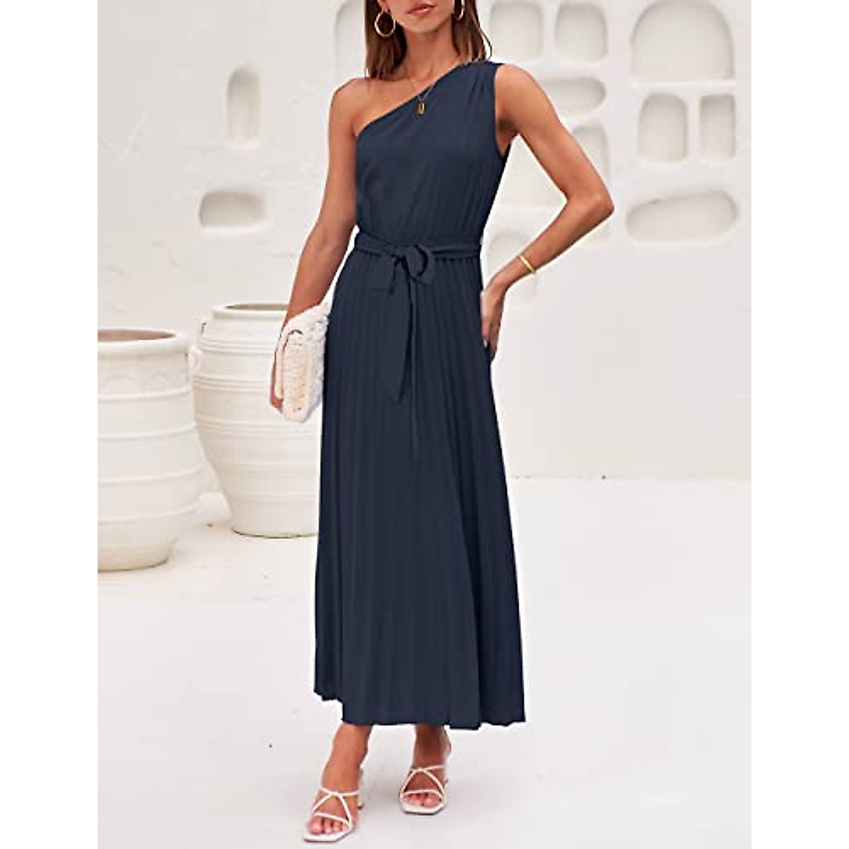 MEROKEETY Womens Sleeveless One Shoulder Pleated Belted Elastic High Waist Formal Midi Maxi Dress,Navy,M