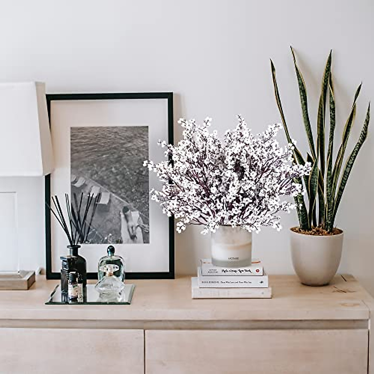 Sggvecsy 15 Pcs Babys Breath Artificial Flowers Gypsophila Bouquets Bulk Real Touch Fake Silk Flowers for Home Wedding DIY Floral Arrangement Kitchen Table Centerpiece Festival Decoration (White)