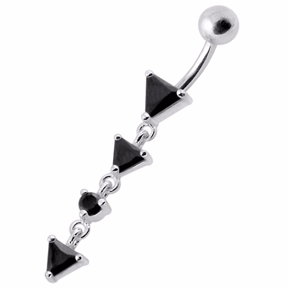 Black Gemstone Fancy Triple Triangle Gems Dangling 925 Sterling Silver with Stainless Steel Belly Button Navel Rings