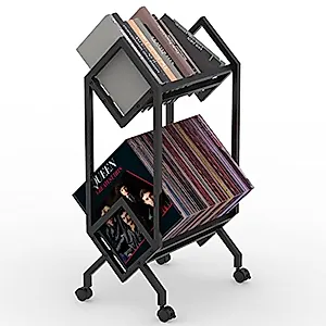 MOOMLIFE Mobile Vinyl Record Storage Rack, LP Storage Shelf, Record Holder for Albums, Magazine Display, Book and Files Organizer, 2 Tier Vinyl Record Stand with Matte Black Metal