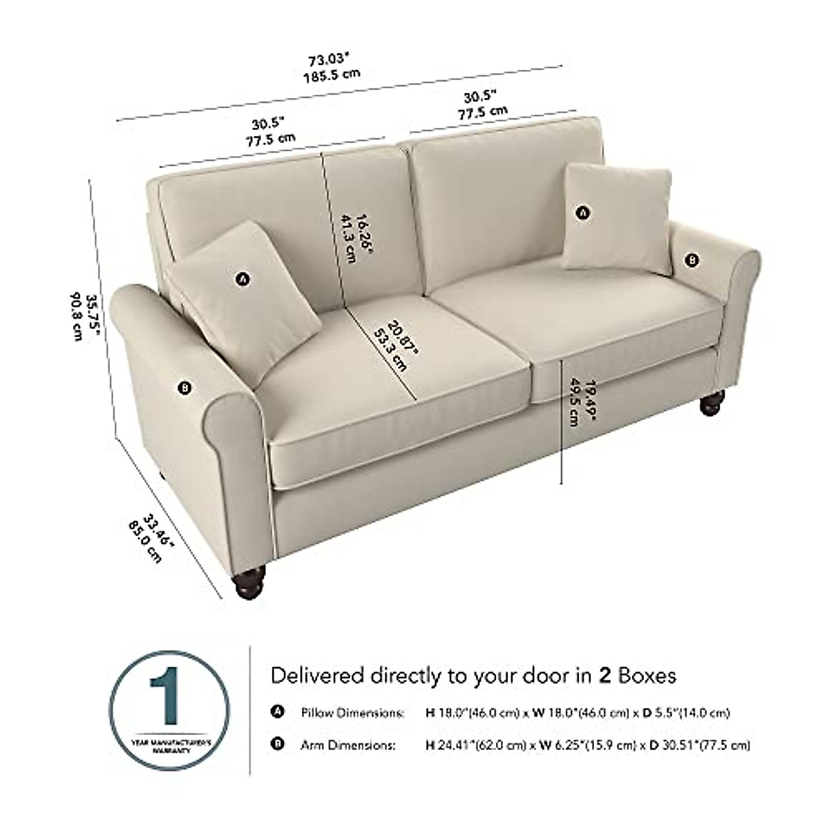 Bush Furniture Hudson Sofa, 73W, Cream Herringbone