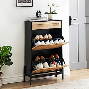 IDEALHOUSE Natural Rattan 2 Flip Door with 1 Drawer Shoe Cabinet Organizer Freestanding, Shoe Rack Storage Cabinet for Entryway with 3-Tier Adjustable Shelves for Slippers, Sneakers, Heels, Boots