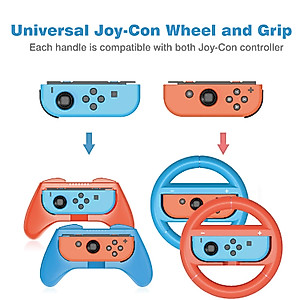 HEYSTOP Wheel Controller for Nintendo Switch & Switch OLED Model 2021 (4 Pack) Joy Con Controller Grip and Switch Steering Wheel for Mario Kart (Red&Blue)