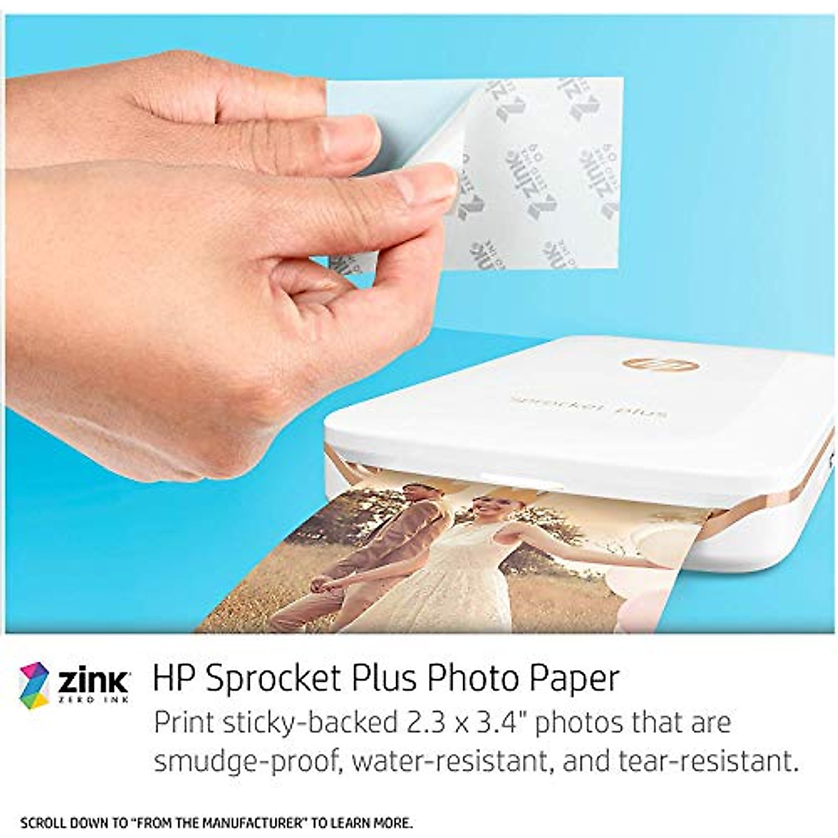 HP Sprocket Plus Instant Color Photo Printer, Print 30% Larger Photos on 2.3x3.4 Sticky-Backed Paper – White (2FR85A)