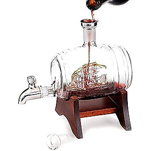 Wine Decanter Set Glass Decanter Whiskey Decanter 1000Ml Decanters Sailing Ship Stainless Steel Spigot Liquor Dispenser Wooden Stand with Faucet 1101