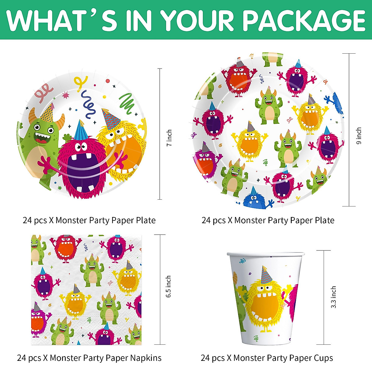 Xigejob Monster Birthday Party Supplies - Monster Party Decorations Tableware, Plate, Cup, Napkin, Tablecloth, Cutlery, Monsters Theme 1st 2nd 3rd Birthday Baby Shower Decorations Dinnerware| Serve 24