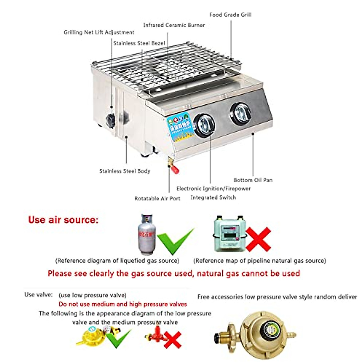 Stainless Steel Burner Gas BBQ for Outside Garden Grill BBQ with Fat Catcher, Tabletop Gas Grill Stainless Steel Two-Burner BBQ with Updated Knobs, Perfect for Camping, Picnics or Any Outdoor,Silver