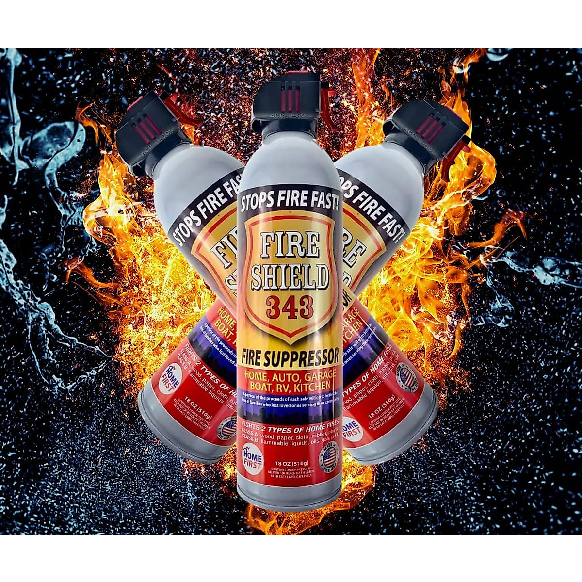 Fire Shield 343 - Home & MOBILE Use Aerosol Fire Suppressant Spray Foam Eliminates Gasoline, Kitchen Grease, Oil, Wood Fires. For Garage, House, Camping, RV & More