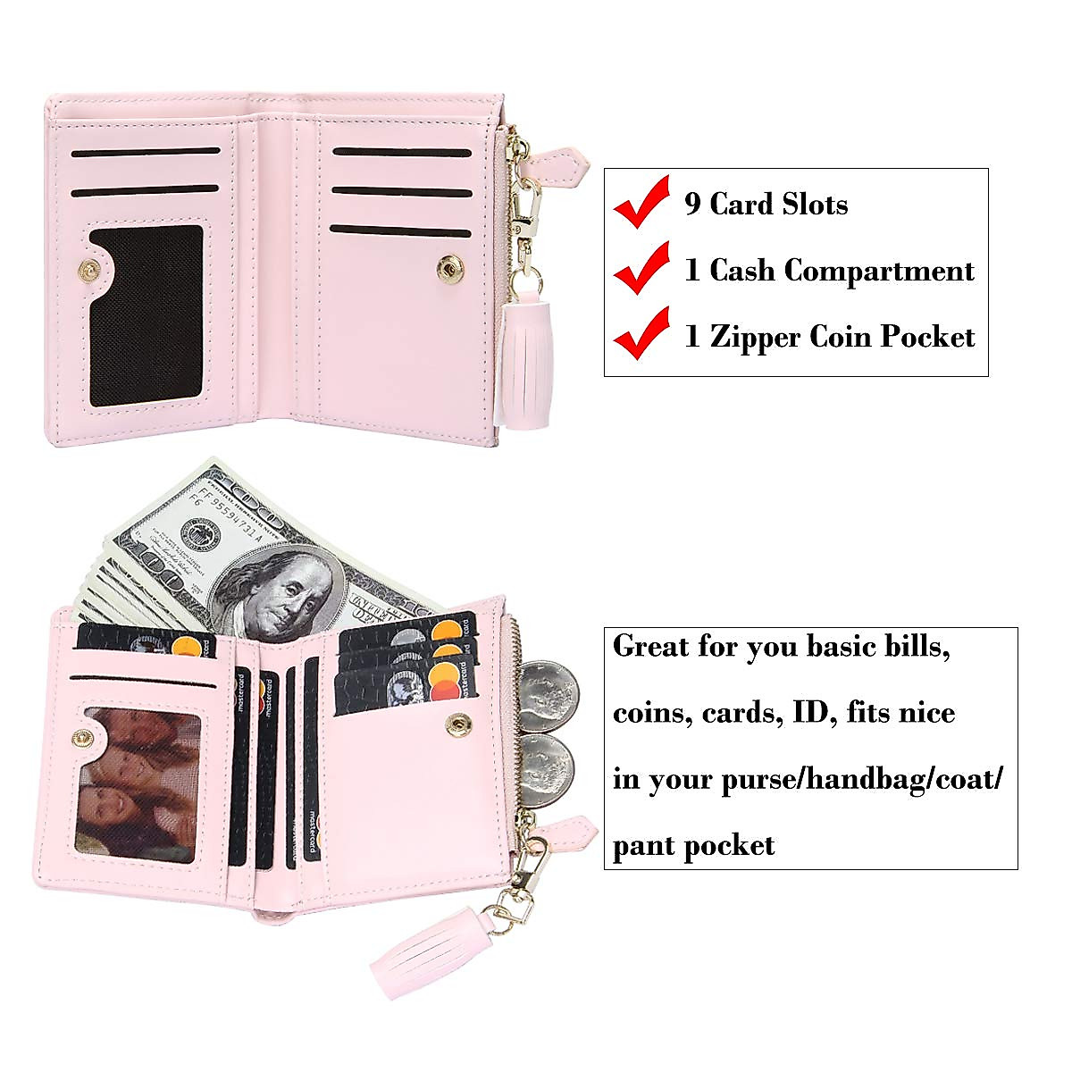 GEEAD Small Wallets for Women Bifold Slim Coin Purse Zipper ID Card Holder PU Leather Pink