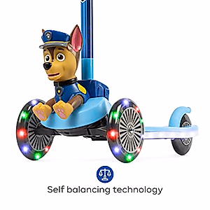 Paw Patrol Chase Kick Scooter for Kids, Self-Balancing 3 Wheeled Light Up Scooter with Extra Wide Anti-Slip Deck, Rear Brake, Lean to Steer, Lightweight Design, for Kids 3 and up, 75 LB Limit