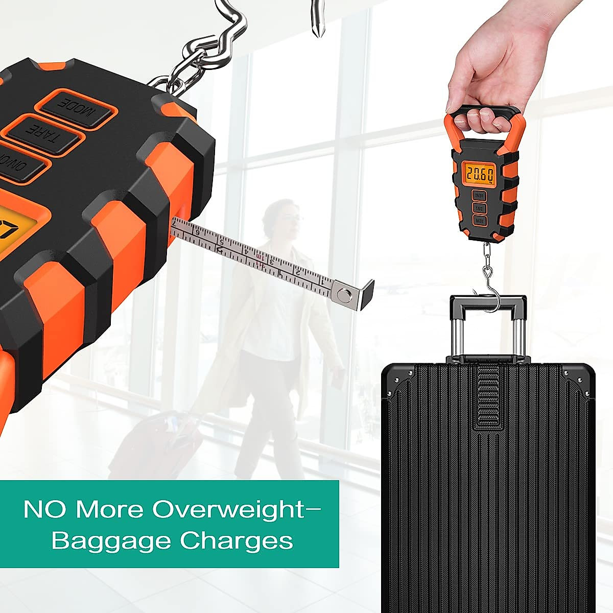 ORIA Digital Fishing Scale with Ruler, Fishing Postal Hanging Hook Scale, 110lb/50kg Waterproof Luggage Scale with Measuring Tape, Luggage Hook, Backlit LCD Display, Orange