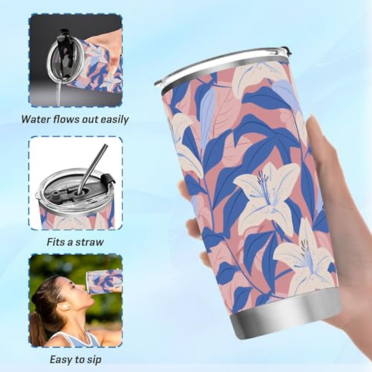 Large White Lily Flowers Blue Leaves Stainless Steel mugs for hot and cold with Straw Leak Resistant Flip coffee mug insulated for gym reusable tumblers with lids and straws 20 OZ