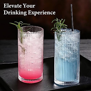 Mfacoy Glass Cups Vintage Glassware Set of 4 Large, Origami Style Transparent Cocktail Drinking Glasses Set, Bar Beverages Ice Coffee Cup Juice Ripple Drinkware, 13 Ounce