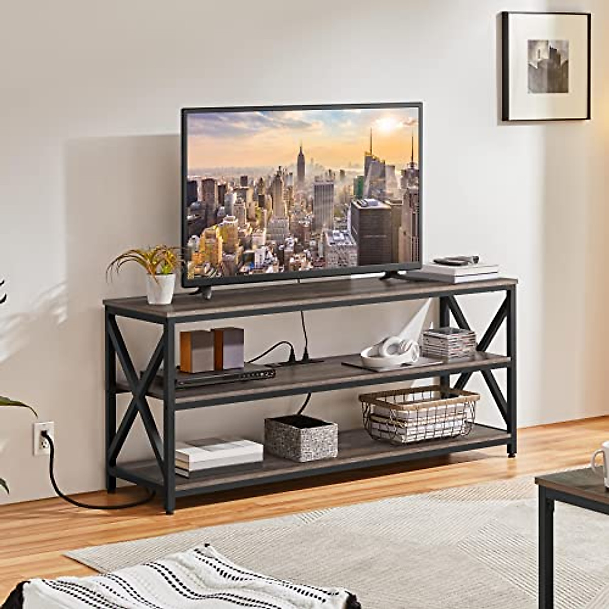 Yaheetech Industrial TV Stand with 3-Tier Storage Shelves, 55" TV Cabinet with Power Outlets for Living Room, Media Entertainment Center TV Console with Charging Station, Metal Frame, Taupe Wood