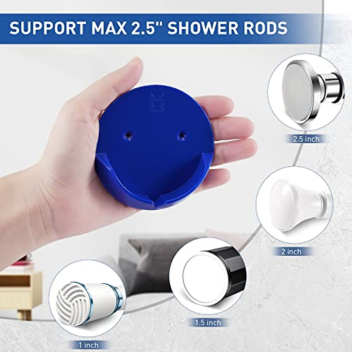 Shower Curtain Rod Holder for Wall – Adhesive Bathroom Tension Rod Retainer with Wide Bracket Include Strong Tapes for No Drilling Quick Mount and 304 Screws for Permanent Installation (Royal Blue)