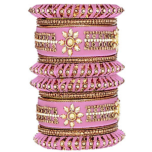 Aheli Wedding Party Designer Velvet Faux Stone Studded Bridal Bangle Set Chuda with Hangings Indian Traditional Ethnic Fashion Jewelry for Women Pink