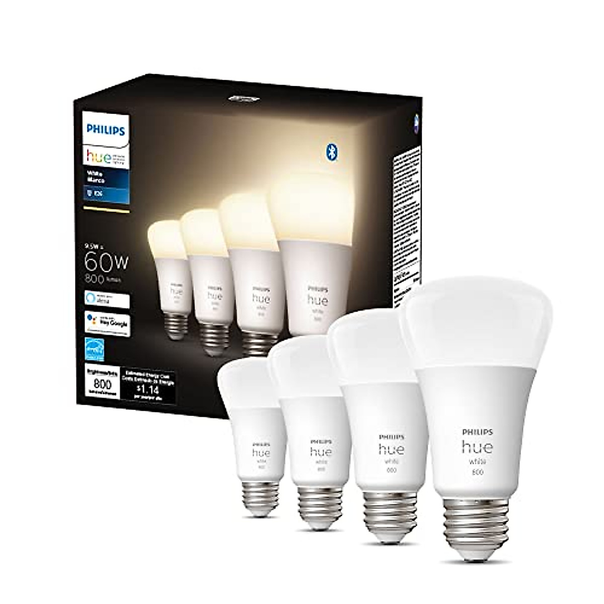 Philips Hue 476977 A19 Smart Light Bulb, 4 Pack, White, 4 Count & Bridge Smart Lighting Hub (Compatible with Amazon Alexa, Apple HomeKit and Google Assistant) - White