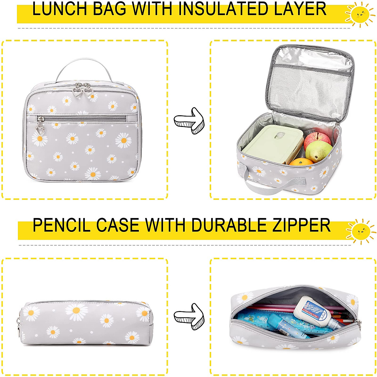 Robhomily 3 in 1 School Backpack for Teen Girls in Middle-School Elementary,17”Fashion- Print Lightweight Laptop Book bags with Lunch Box and Pencil Case