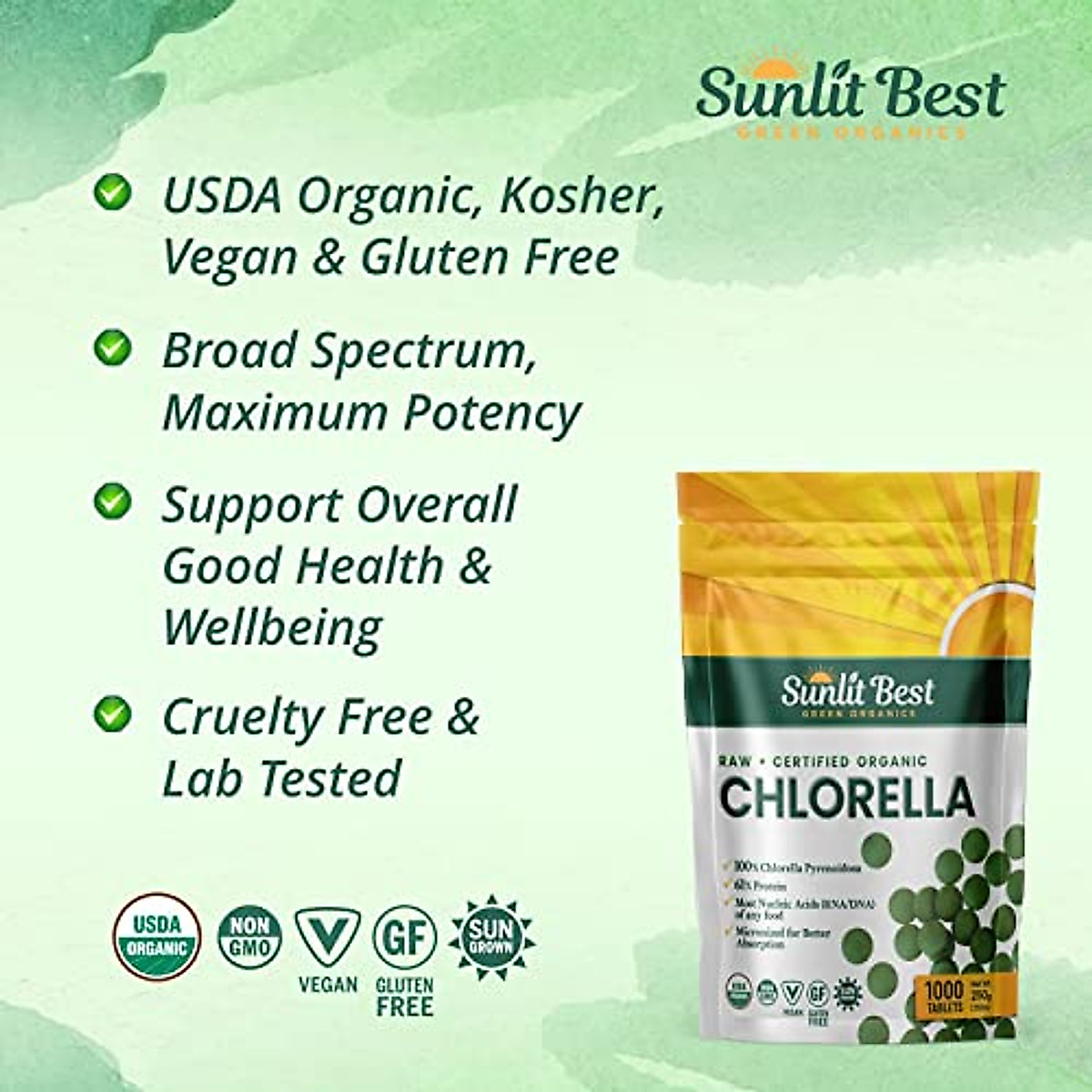 Chlorella Tablets Mega-Pack 1000 Tablets Cracked Cell, Raw, Non-GMO. 100% Pure Chlorella Pyrensoidosa. Green Superfood. High Protein, Chlorophyll & Nucleic acids. No preservatives or fillers