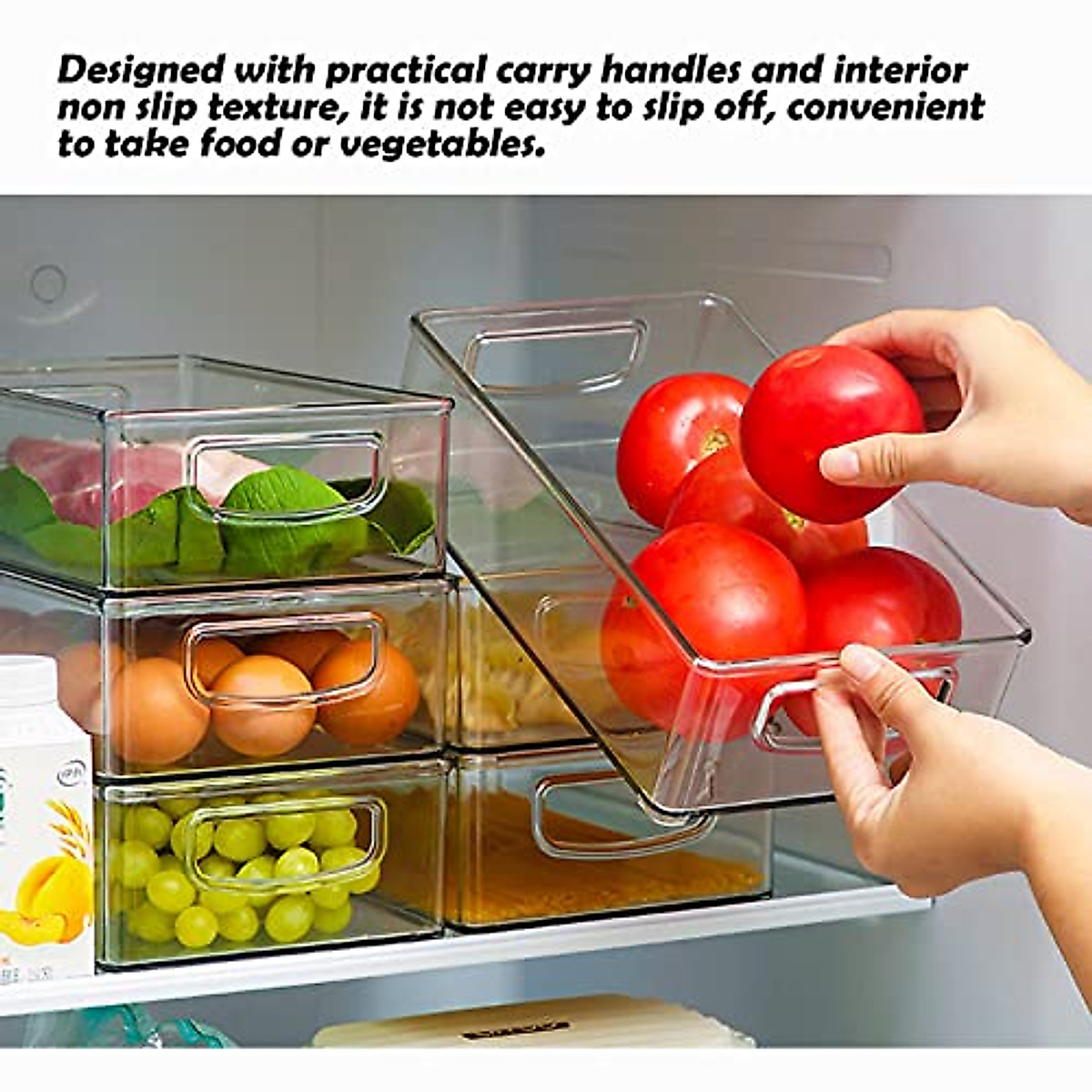 LARAHT Refrigerator Organizer Bins Clear Plastic Food Storage Bin Fruit Yogurt Snacks Storage Container with Handles for Pantry Fridge Countertops Cabinets