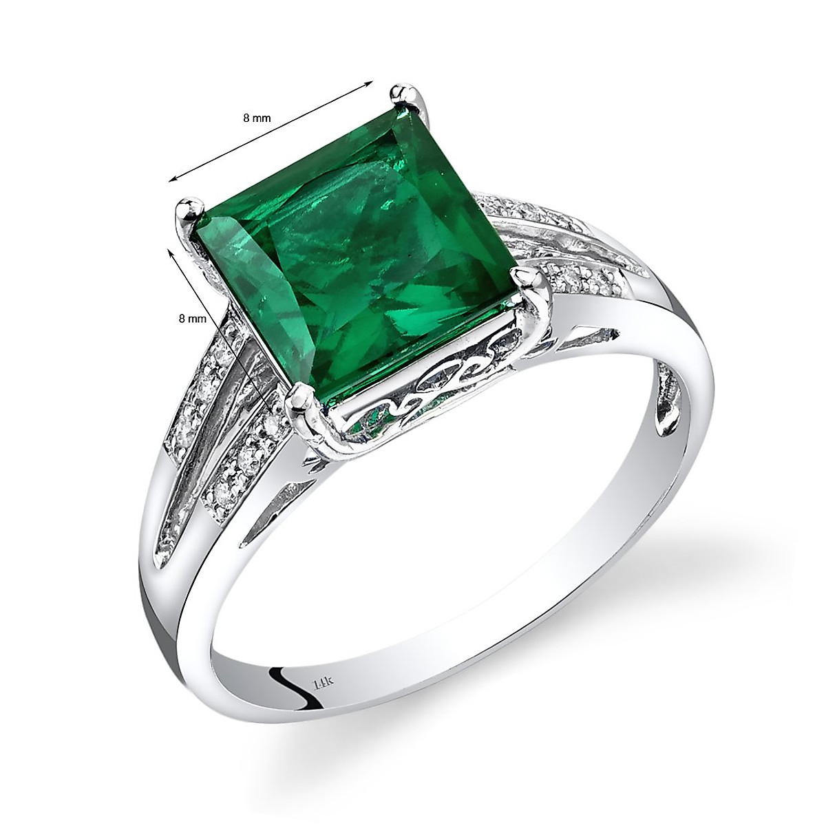 PEORA Created Emerald and Genuine Diamond Ring for Women 14K White Gold, Elegant Cathedral Design, 2.25 Carats Princess Cut 8mm, Size 7