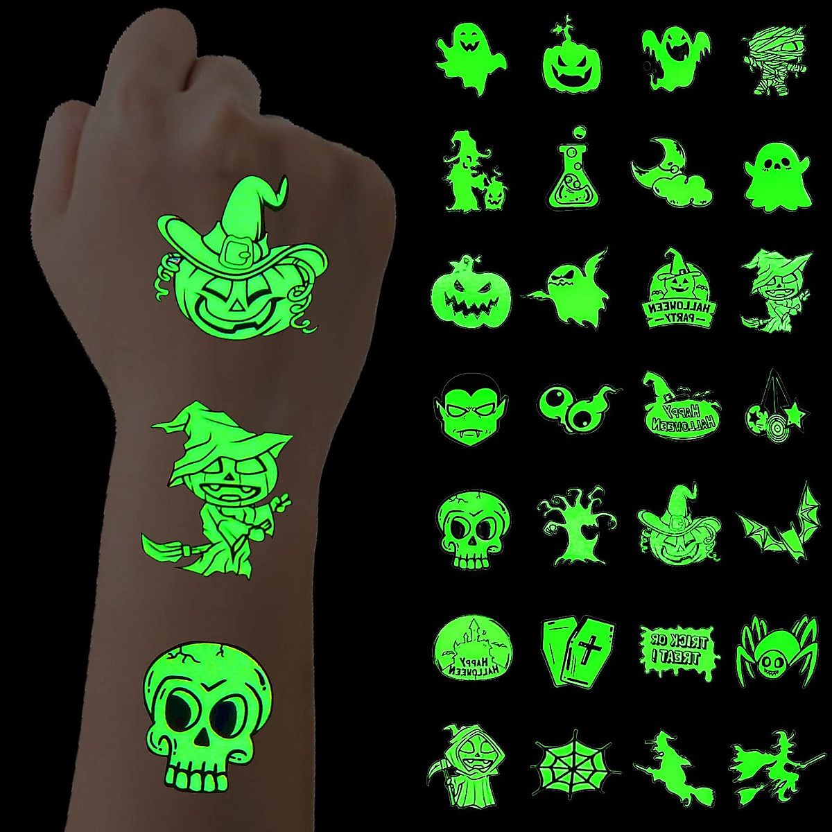 Halloween Temporary Tattoos for Kids, Waterproof Fake Tattoos Stickers, Glow in Dark Tattoos, 140 PCS Halloween Pumpkin Ghost Devil Skull Vampire, Luminous Tattoo Sticker for Halloween Party Supplies