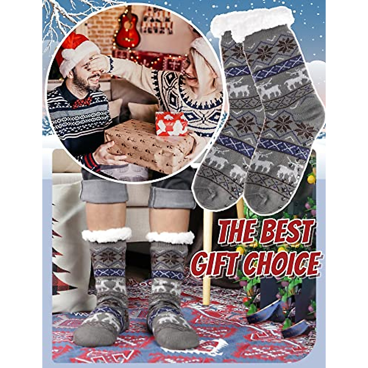 ProEtrade Slipper Socks for Men Fuzzy Fluffy Winter Cozy Cabin Warm Thick Fleece Comfy Non Slip Home Grips Socks Stocking Stuffer Christmas White Elephant Gift(Light Grey)