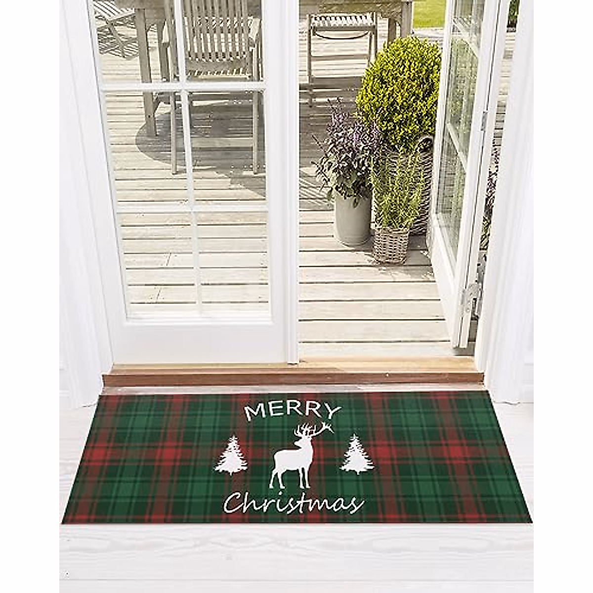 Welcome Mats, Merry Christmas Elk and Christmas Tree Red and Green Plaid Door Mat, Non-Slip Absorbent Large 24x71 Inch Outdoor Indoor Mat Low-Profile Floor Mat Doormat for Entryway/Patio/Garage
