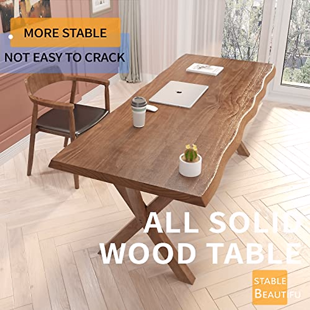 jinhuajinwei Solid Wood Long Desk for Home Ofiice Modern 55 inch Wide Computer Thick Sturdy Wooden Table