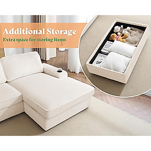 VanAcc 89 Inch Convertible Couch, L Shape Couch with USB Charging Port & Cup Holders- L Shape Sofa with Storage Chaise, Comfy Sofa for Living Room (Beige Corduroy)