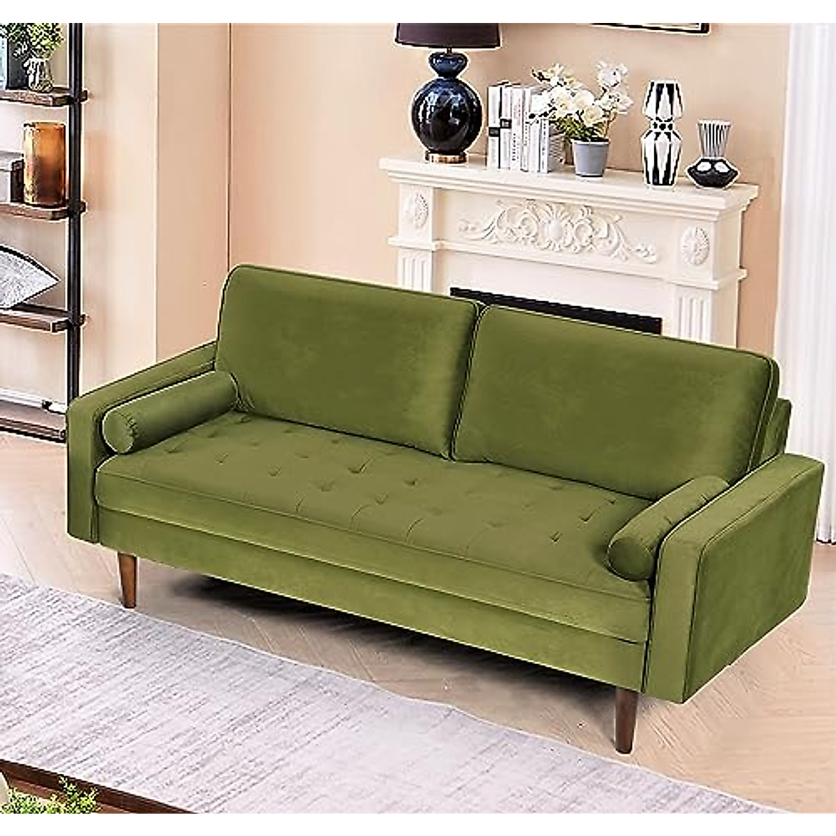 US Pride Furniture Velvet Tufted Sofa, Iconic Mid-Century Style Living Room Furniture with Contemporary Silhouette, Button Tufting and Wood Legs, Includes 2 Bolster Pillows, Loveseat, Olive Green