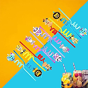 zhenzhe 24 Jungle Party Favors Reusable Straws, Jungle Animal Plastic Straws, Animal Theme Drinking Straws for Kids Jungle Birthday