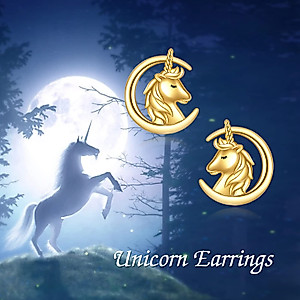 KECHO 14k Gold Unicorn Earrings Solid Gold Animal Moon Stud Earrings for Women Real Gold Jewelry Gifts for Her