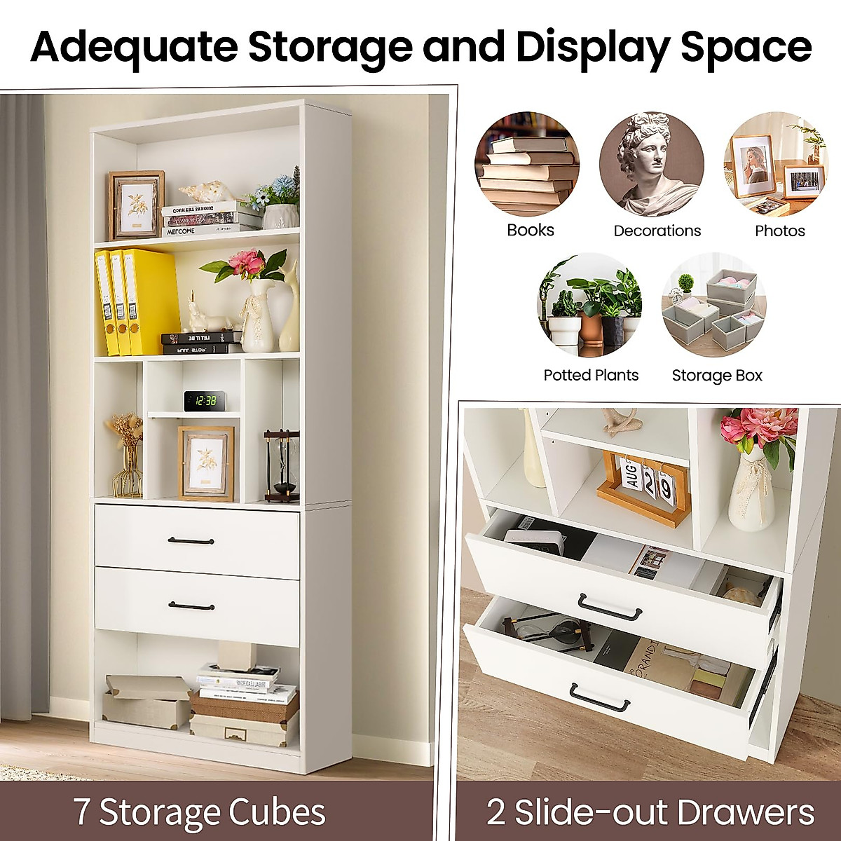 SEJOV White Bookshelf, 71" Tall Bookcase with 2 Drawers, Wooden Bookcases 4-Tier Open Shelves, Bookshelves and Storage Cabinet Floor Standing for Bedroom, Living Room, Office