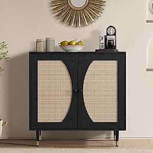 Black Buffet Sideboard Cabinet, Rattan Sideboard with Natural Rattan Doors, Black Rattan Console Table with Storage, Modern Accent Buffet Cabinet with Adjustable Shelves for Living Dining Room