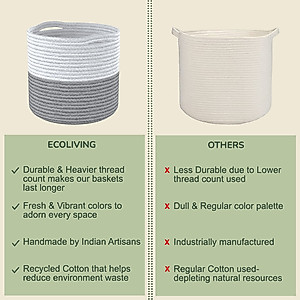 Eco Living Recycled Cotton Rope Storage Cube Basket, Plant Basket Multi-Purpose Woven Cube Storage Organizer/Shelves, Closet Storage Bins, Nursery Kids Room Organizer 11 Inch Set of 3, White & Gray