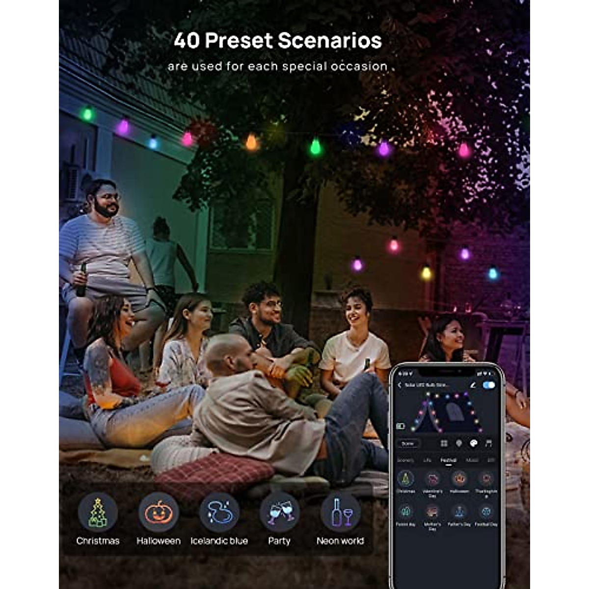 ASAHOM Solar Powered Outdoor String Lights Color Changing, 48ft Waterproof Solar RGB Patio Lights with 15 Dimmable Shatterproof Warm White LED Bulbs, 5000mAh Solar Panel Capacity for Garden Gazebo