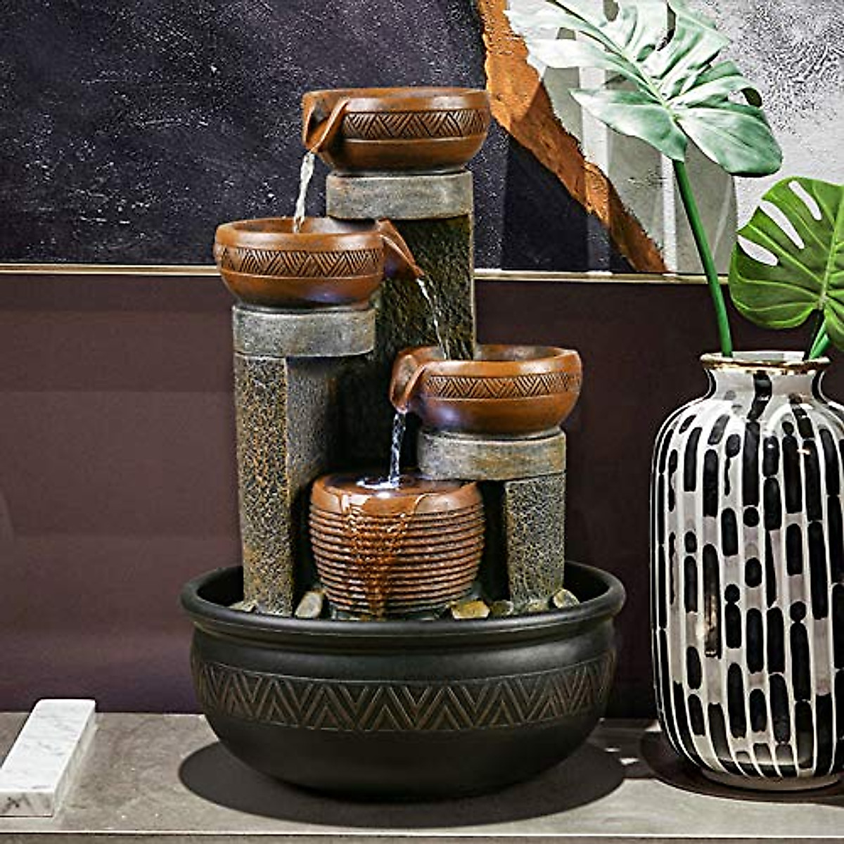 Agoodping 15.7''H Relaxation Desktop Waterfall Fountain Decor Portable Tabletop Waterfall Fountains ,Indoor Waterfall Feature with LED Light for Home Office Bedroom (Brown, 15.7inch)