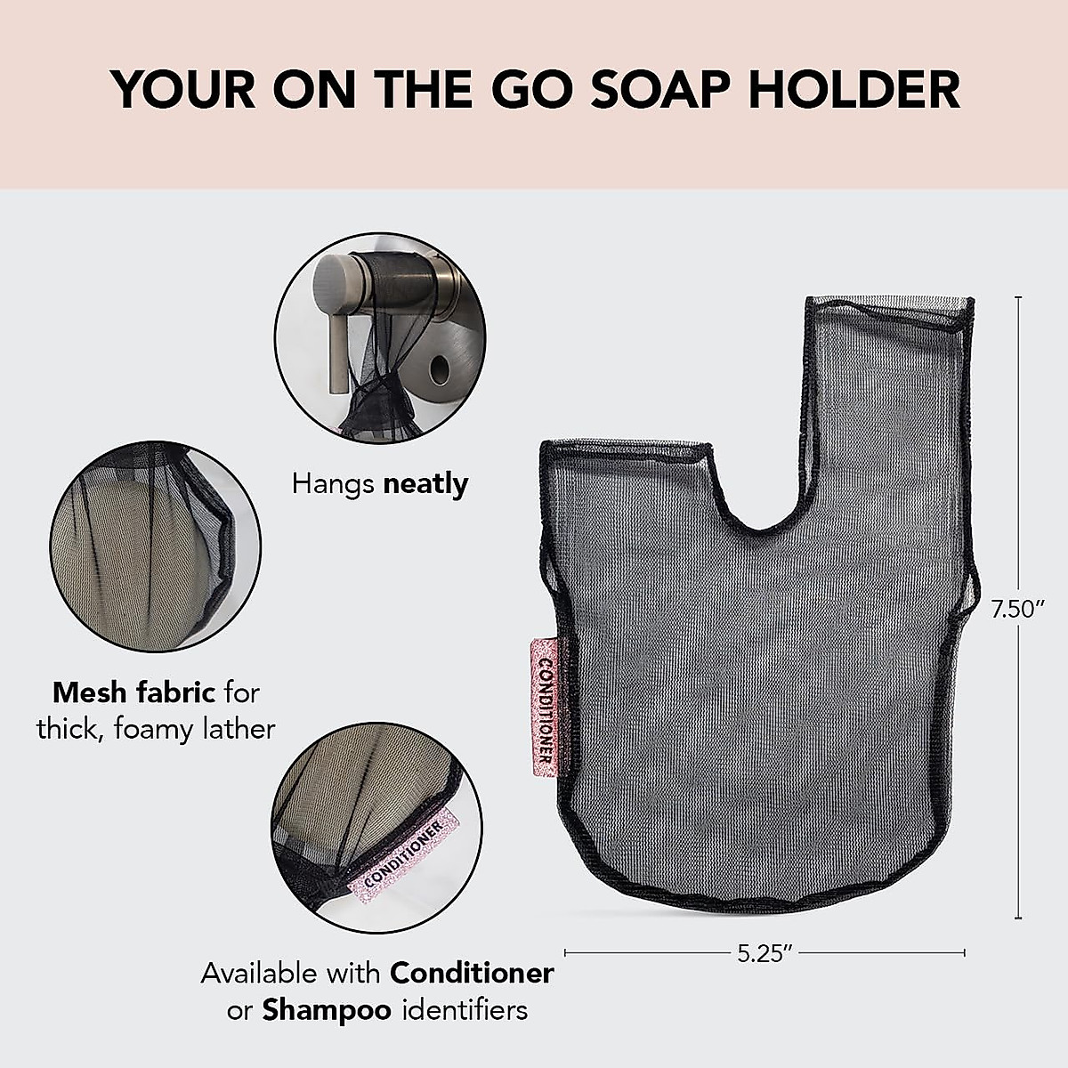 Kitsch Bar Soap Saver Bag – Recycled Mesh Beauty Bar Pouch for Body Wash, Conditioner & Shampoo Bars, Holder to Preserve Soap, Eco-Friendly, Patented Bag – Black