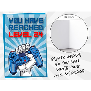 24th Birthday Card, You Have Reached Level 24, Greeting Card for Twenty-Four Year Old Gamer Birthday Gift for Adult Son or Daughter, For Him Her Grandson Granddaughter, Blue