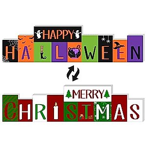 Happy Halloween Decor and Reversible Merry Christmas Decor Wood Sign, Free Standing Block, Halloween and Christmas Farmhouse Table Decor for Home Indoor Mantle Party Office Tiered Tray Decor