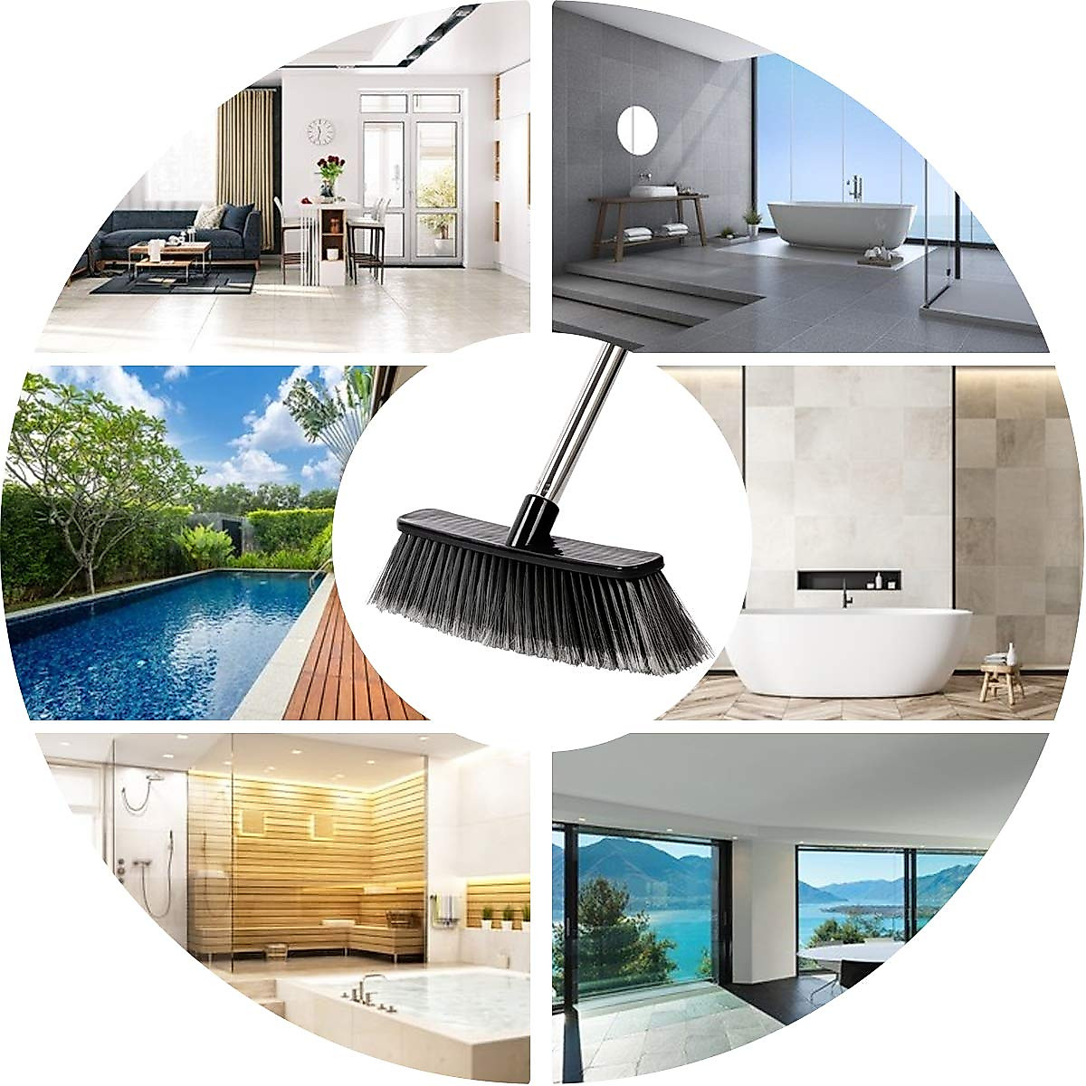 YCUTE Push Broom Brush, Multi-Surface Soft Sweeping Broom with 54” Adjustable Stainless Steel Long Handle for Bathroom, Kitchen, Store, Office, Patio, Garage, Deck, Concrete, Wood, Stone, Tile Floor