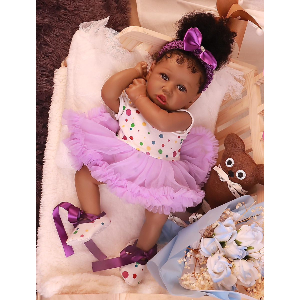 HOOMAI Lifelike Reborn Baby Dolls with Soft Body African American Realistic Girl Doll 22.8 Inch Best Birthday Gift Set